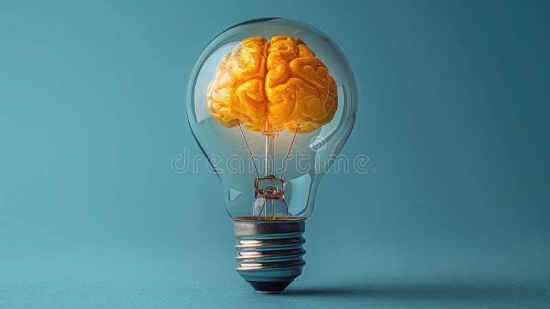 Yellow Brain on Blue Background with Light Bulb Idea Concept Stock ...
