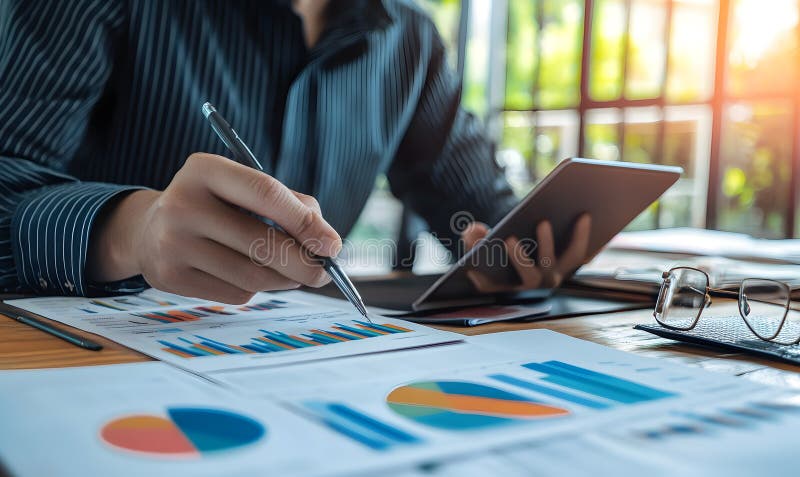 Business Analyst Analyzing Data with Tablet and Papers Stock ...