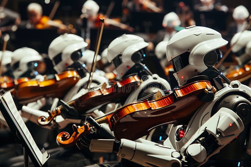 Orchestral Robots Playing Violins in a Concert Stock Illustration ...