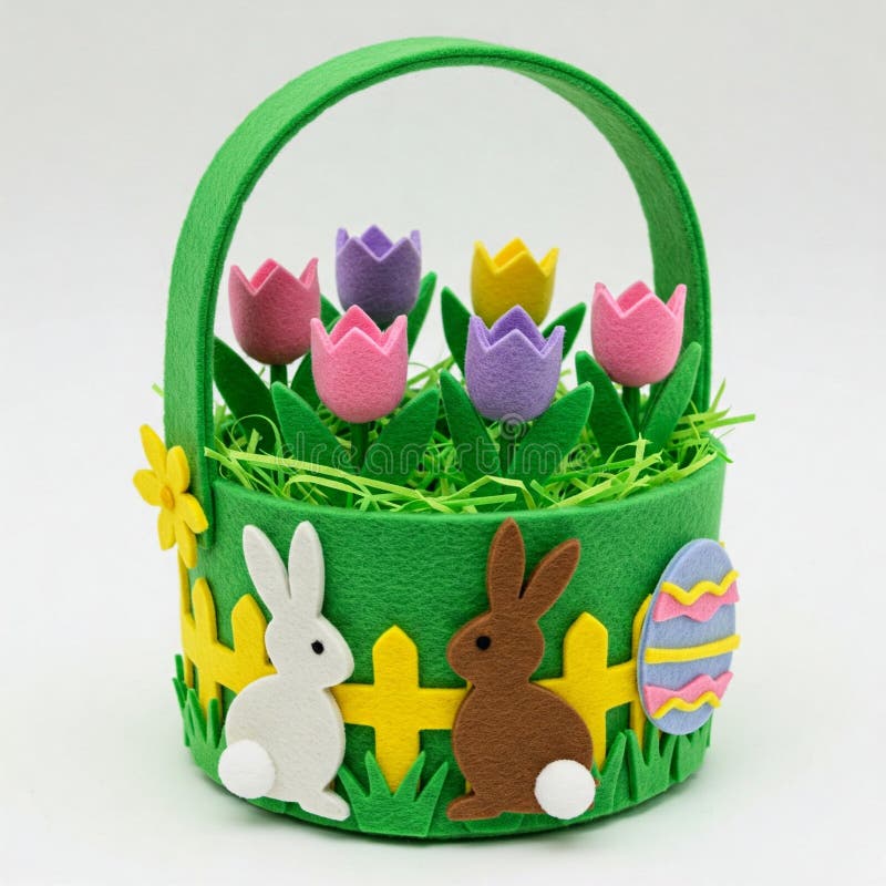 Handcrafted Felt Easter Basket with Rabbits and Tulips Stock ...