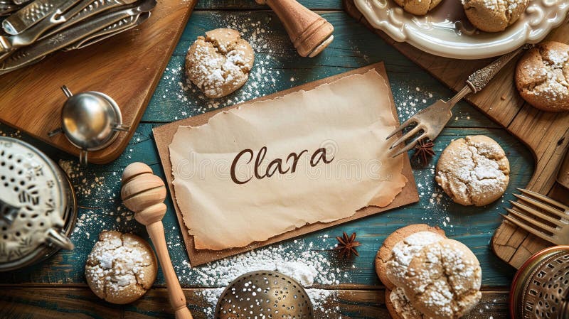 Homemade Cookies and Baking Tools with Vintage Name Tag on Wooden Table ...