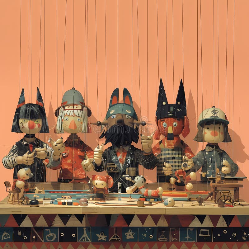 Handcrafted Puppet Characters in a Workshop Setting Stock Illustration ...