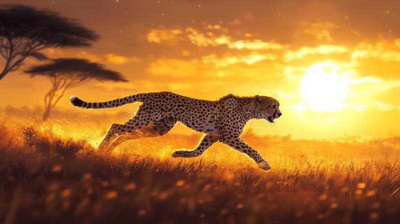 A Majestic Cheetah Runs Across the Golden Savanna at Sunset. this ...