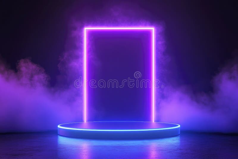 Neon Portal Stage with Smoke and Reflections Stock Illustration ...