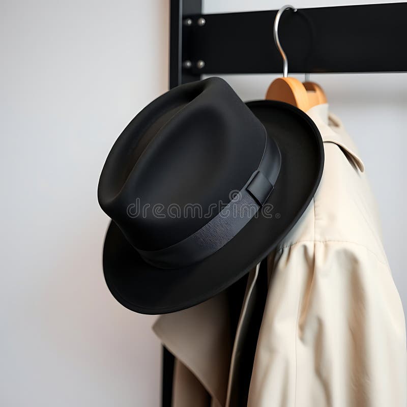 A Classic Black Fedora Hat Resting on a Coat Rack beside a Trench Coat ...