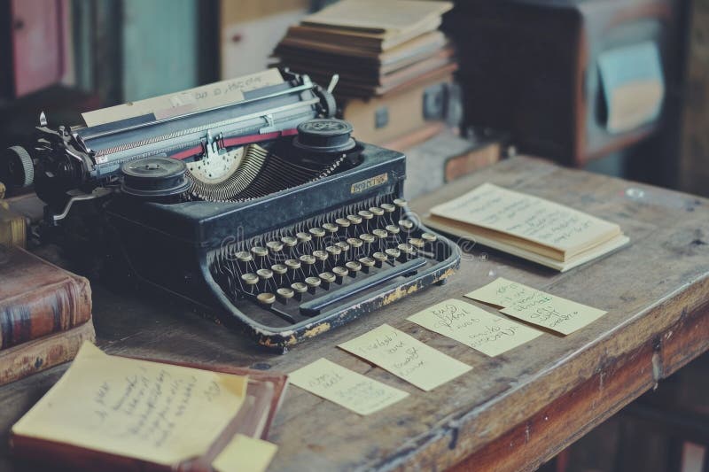 A Vintage Typewriter Sits on a Wooden Desk Surrounded by Old Notes. it ...