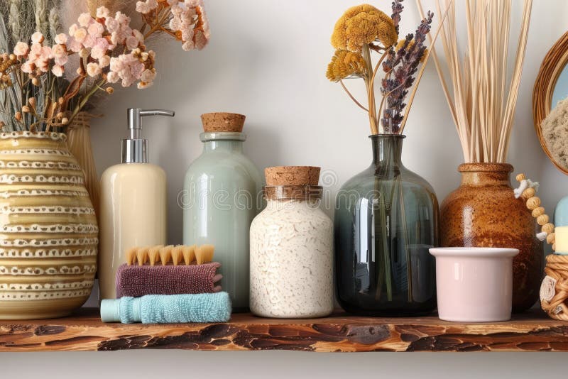 Bathroom Essentials Displayed on White Shelf with Copy Space Stock ...