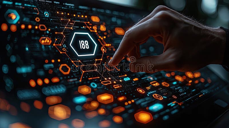 Futuristic Interface Control Panel with Finger Touch, Hexagonal Data ...