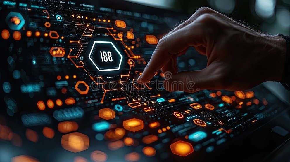 Futuristic Interface Control Panel with Finger Touch, Hexagonal Data ...
