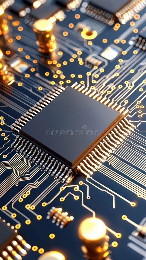Close-Up View of Circuit Board with Microchip and Golden Connectors in ...