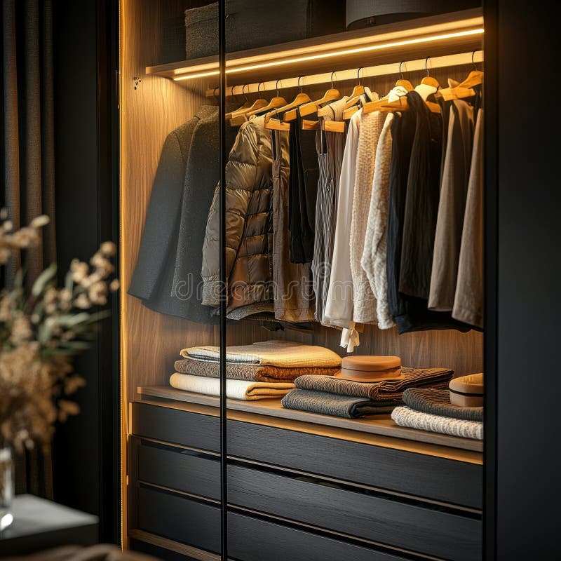 Close-up of a Sleek Smart Wardrobe with Touch Lighting and Neatly ...