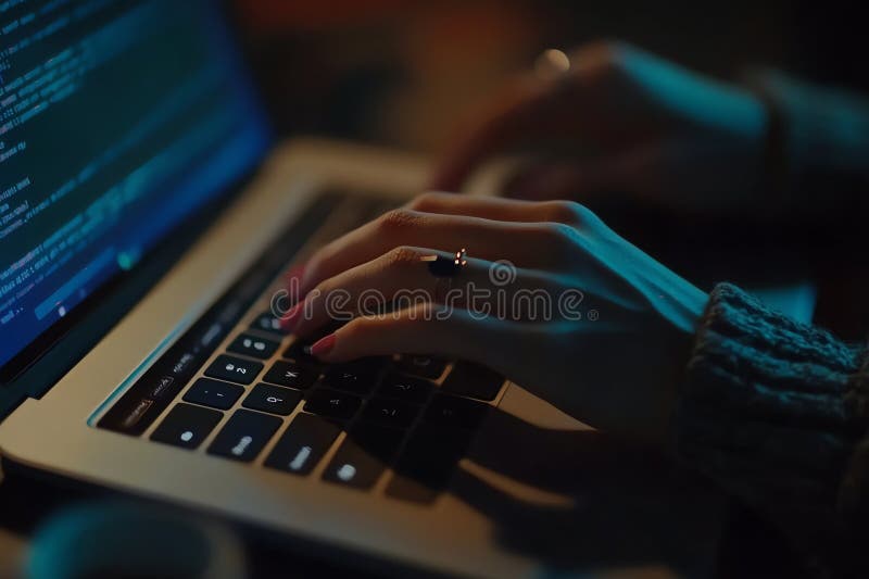 Woman Typing on Laptop with Code in Soft Light Stock Illustration ...