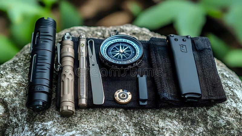 Survival Essentials Kit on a Stone Stock Illustration - Illustration of ...