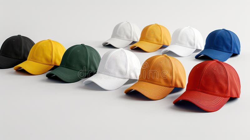 Neatly Arranged Multicolored Dad Caps with Adjustable Straps on White ...