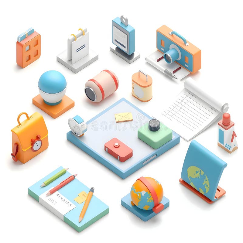 Stylized Colorful Isometric Illustrations of Various Objects Arranged ...