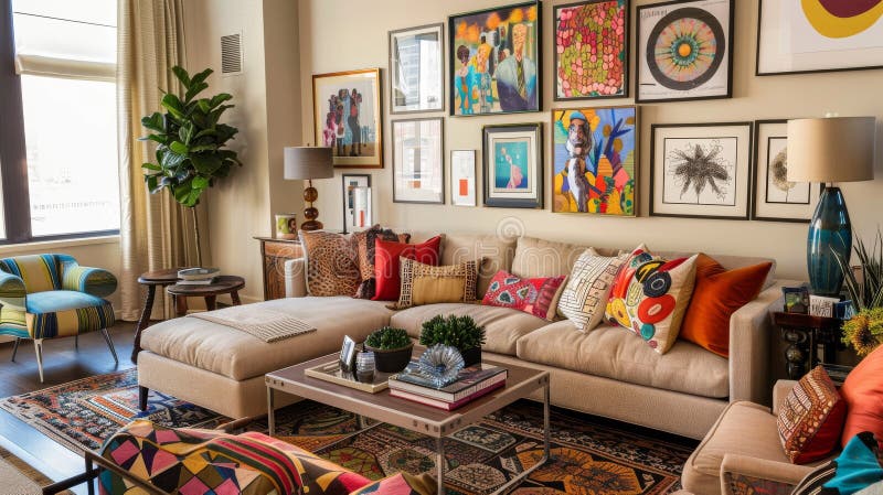 Colorful and Cozy Living Room with Eclectic Decor and Vibrant Artwork ...