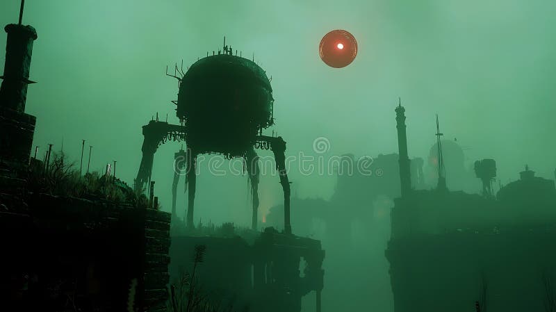 PostApocalyptic Ruin with Gigantic Machine Under a Red Sun a Dramatic ...