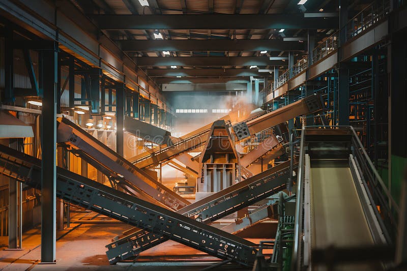 Industrial Conveyor Belt System in a Large Factory Setting Stock ...