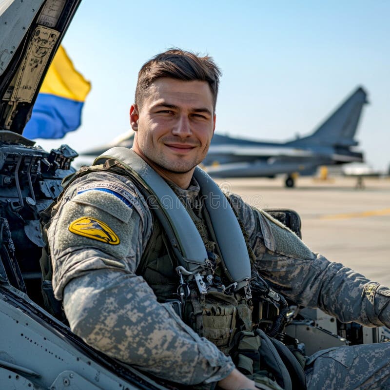 A Proud Soldier Sits in the Cockpit of a Fighter Jet. the Bright Blue ...