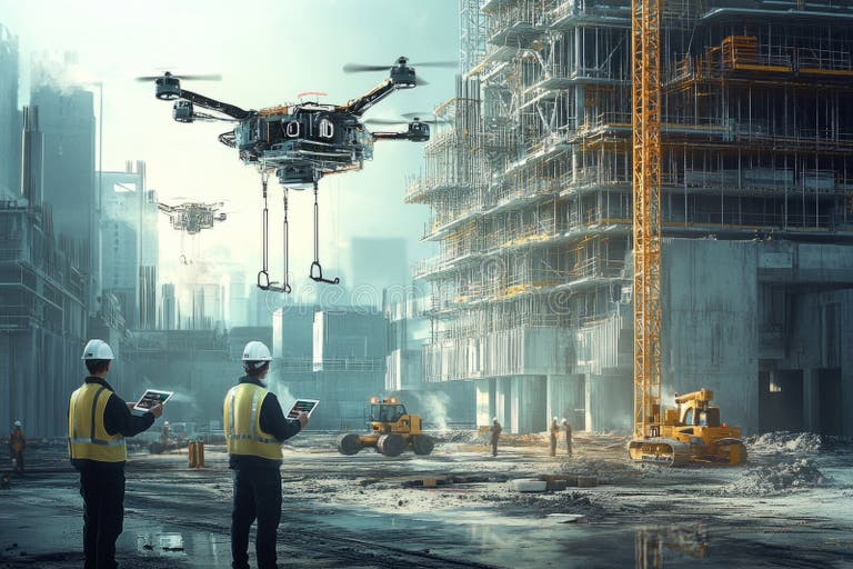 Construction Site with Advanced Drones. Workers Monitor Progress Using ...