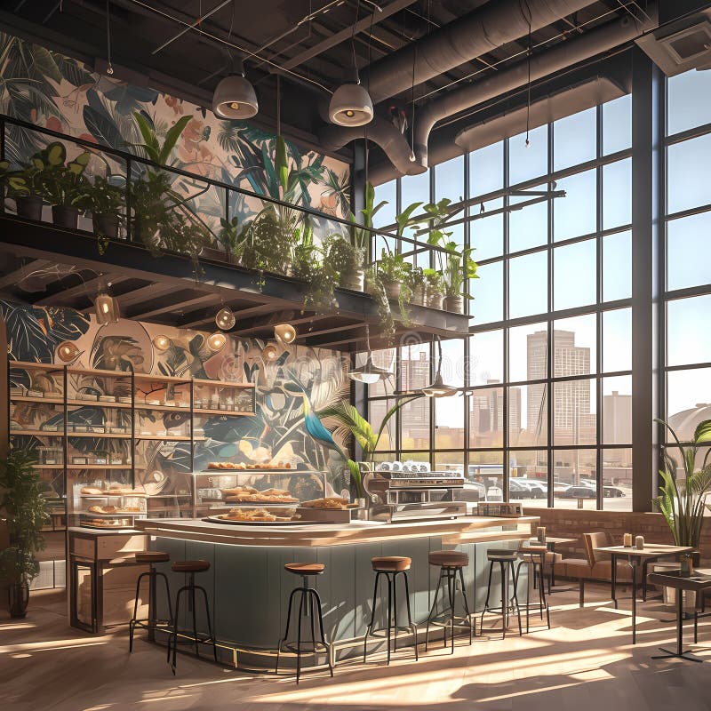 Bright and Modern Cafeteria Interior Stock Illustration - Illustration ...