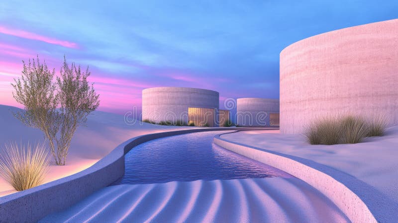 Modern Desert Architecture with Circular Buildings and a Serene Water ...