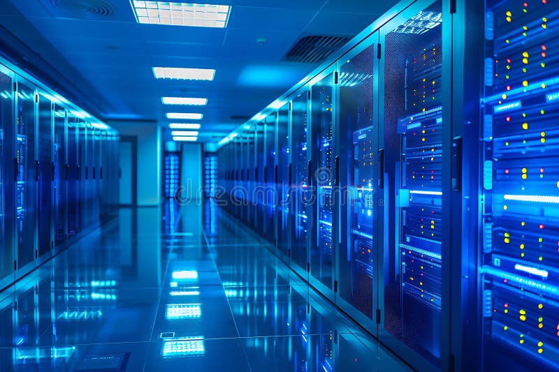 Modern Data Center Server Room with Blue Lighting Stock Illustration ...