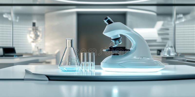 A Modern Laboratory Scene Featuring a Sleek Microscope and Glassware ...
