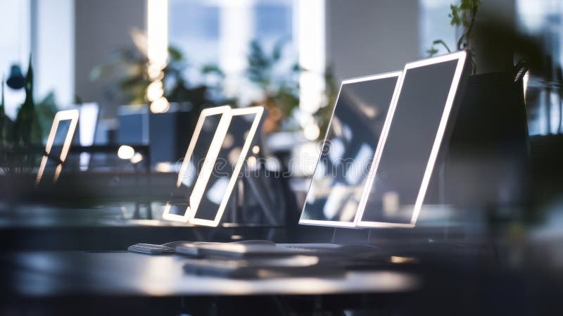 Modern Workspace Featuring Illuminated Computer Screens and Greenery ...