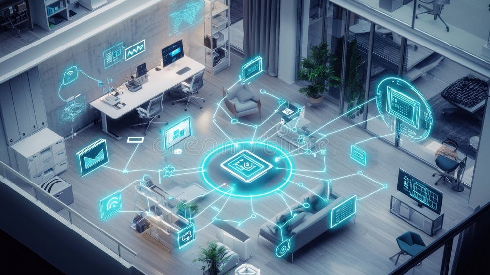 Exploring the Future of Workspaces: a Modern Smart Office Concept with White Furniture and Blue ...