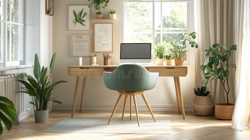 Cozy Modern Workspace with Plants and Computer in Sunlit Home Office ...