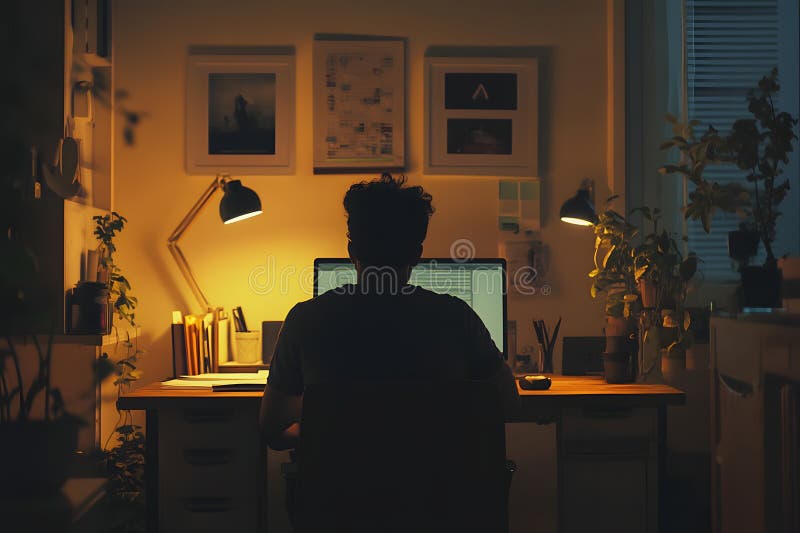 A Cozy Workspace at Night with a Person Working on a Computer Stock ...