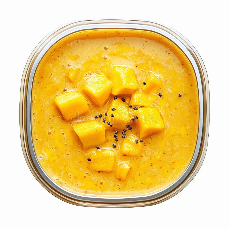 Creamy Mango Puree with Fresh Mango Cubes and Black Seeds in a Clear ...