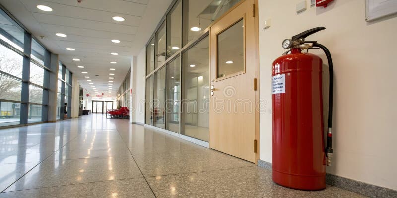Building Safety and Fire Prevention a Red Fire Extinguisher at an Exit ...
