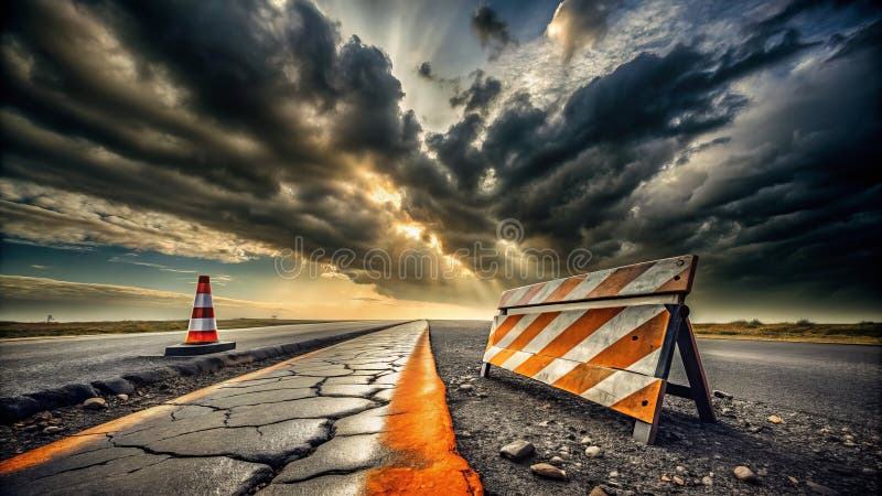 Dangerous Road Condition Pothole Damaged Asphalt and Warning Signs ...