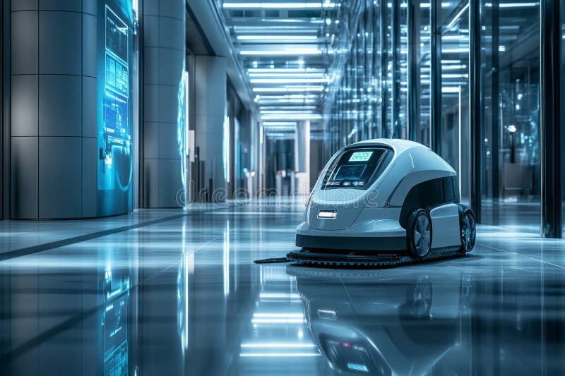 A Sleek Robot Cleaner Glides Effortlessly Across a Modern Hallway. Its ...