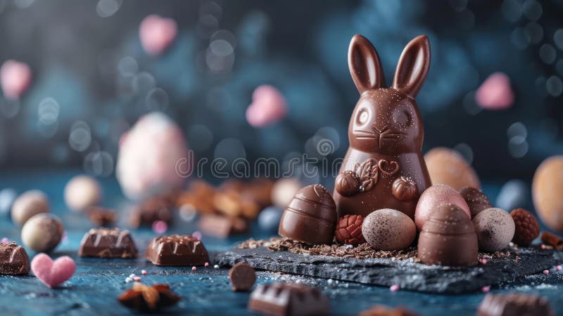 Sweet Easter Treats: Chocolate Eggs, Bunny, and Sweets on Dark Blue ...