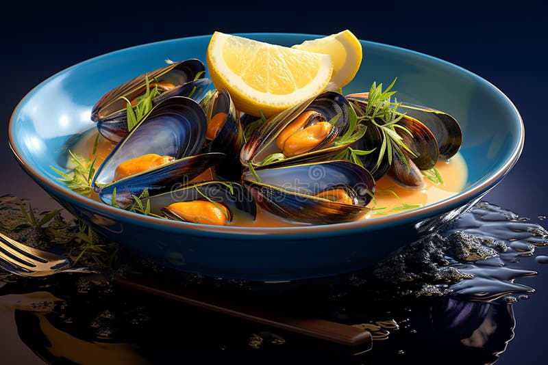 Mussels with Lemon in Broth at Blue Bay Stock Illustration ...
