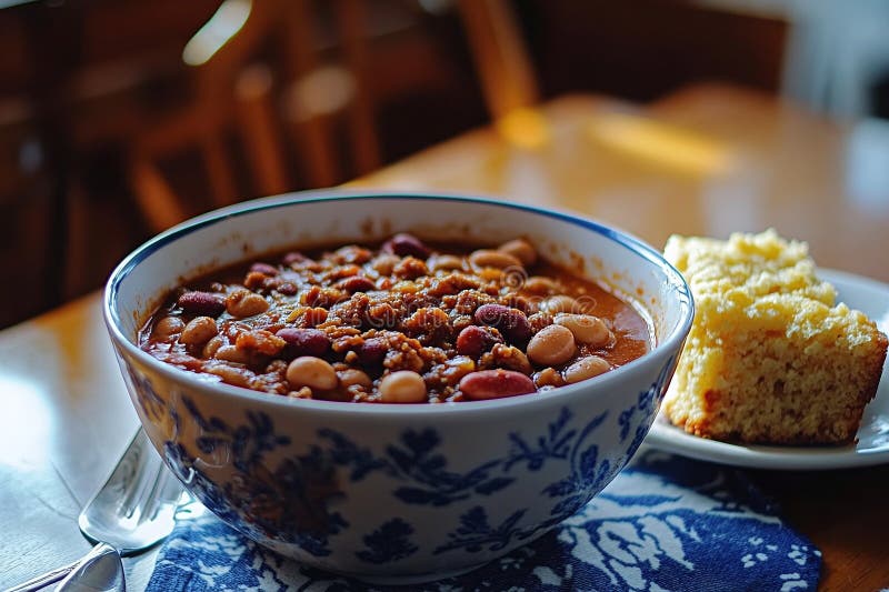 Delicious Hearty Bean Chili Bowl with Cornbread on Rustic Table Setting ...