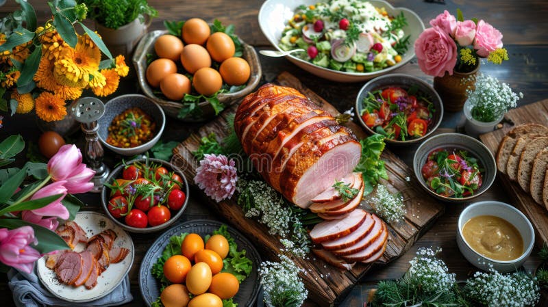 Springtime Brunch: Glazed Ham, Eggs, Salads, Appetizers & Flowers in ...