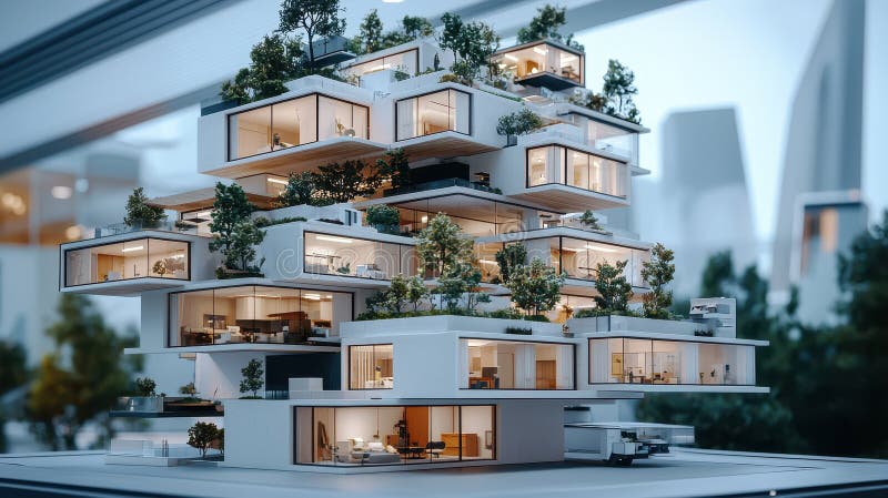 Modern Architectural Model with Layered Levels Surrounded by Greenery ...