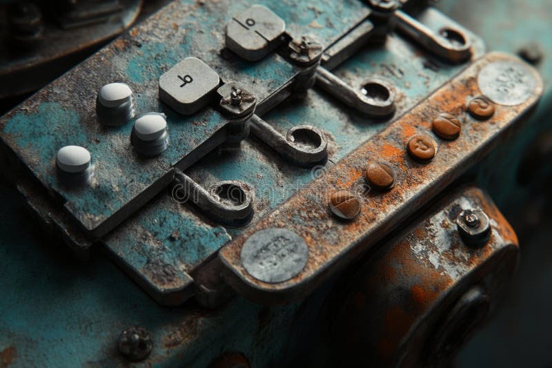 An Intricate Close-up View of a Vintage Machinery Control Panel. Rusty ...
