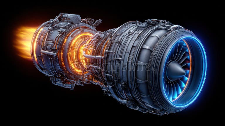 This Image Showcases a Detailed Jet Engine with Flames Against a Dark ...
