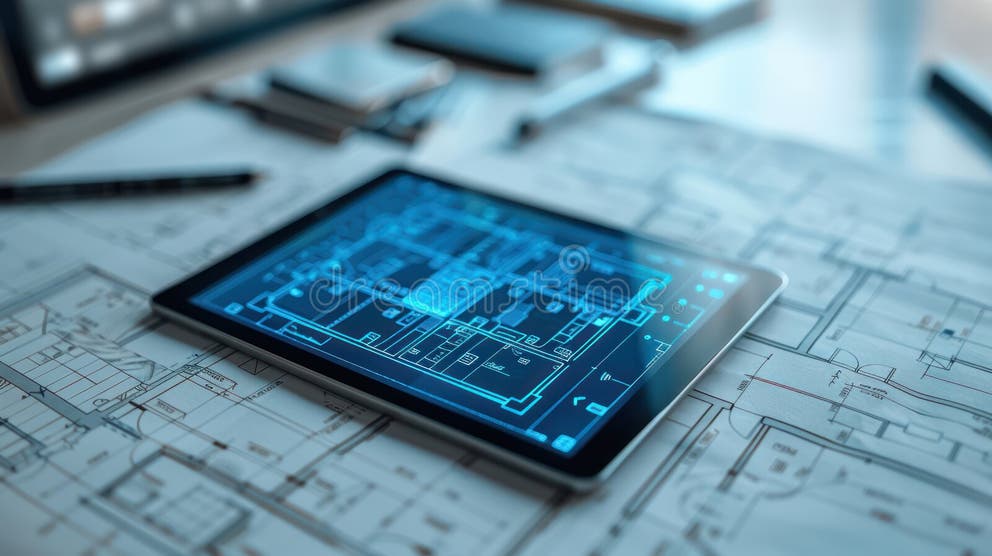 Digital Tablet with BIM Software Displayed on Blueprint-Covered Table ...
