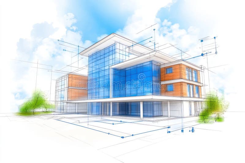 Digital Wireframe Building Sketch for Project Visualization Stock ...