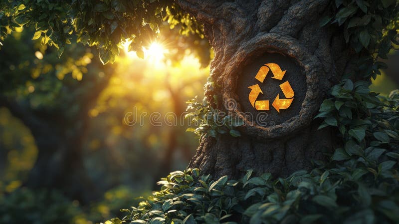 Recycling Symbol Embedded in Tree Trunk at Sunset Stock Illustration ...