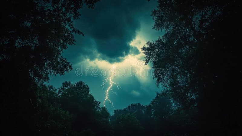A Dramatic Lightning Strike Illuminates a Dark, Stormy Sky Framed by ...