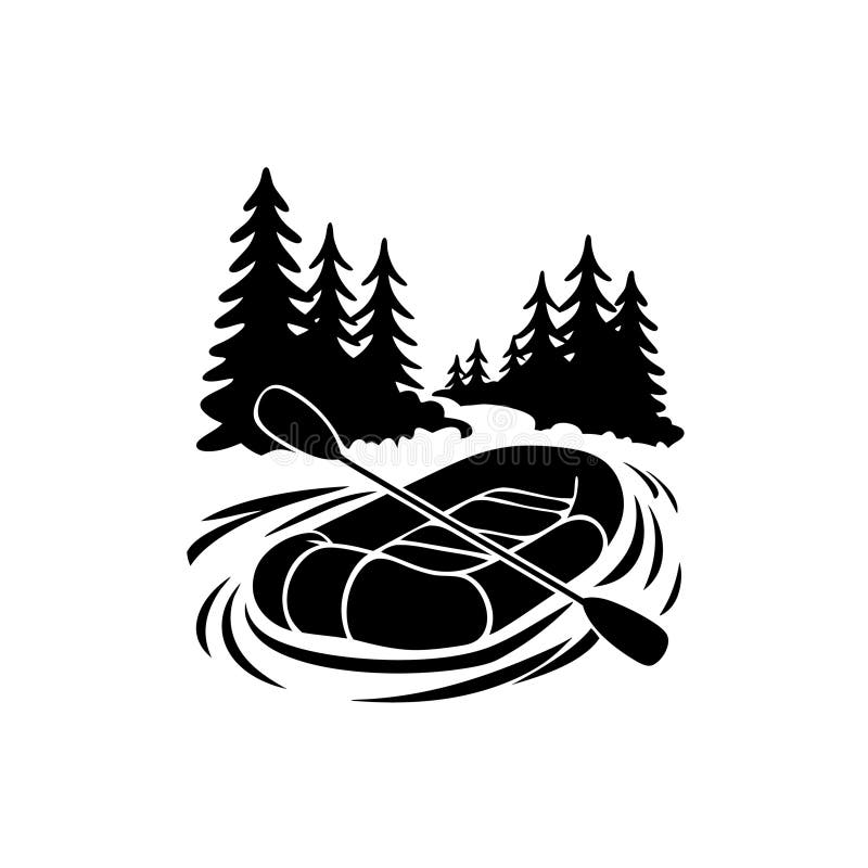 Rafting Adventure Silhouette with Pine Forest and Rapids Scene Stock ...