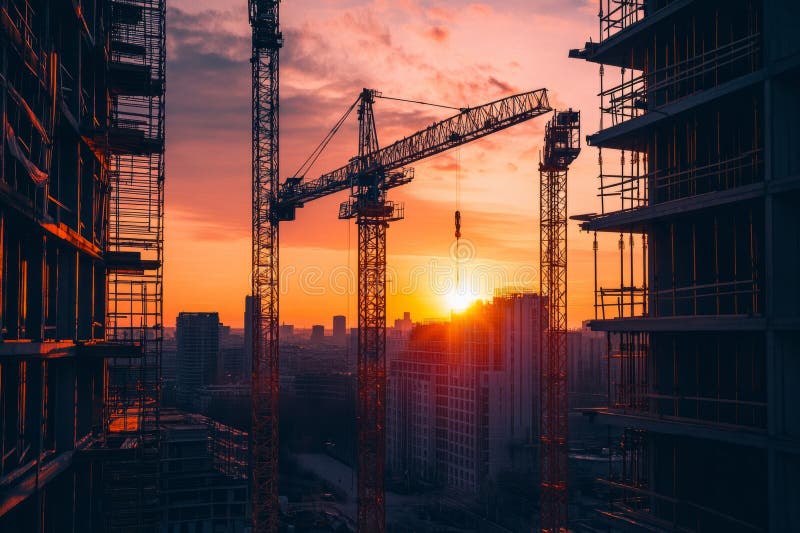 A Stunning Sunset Over a Construction Site. Cranes Silhouetted Against ...