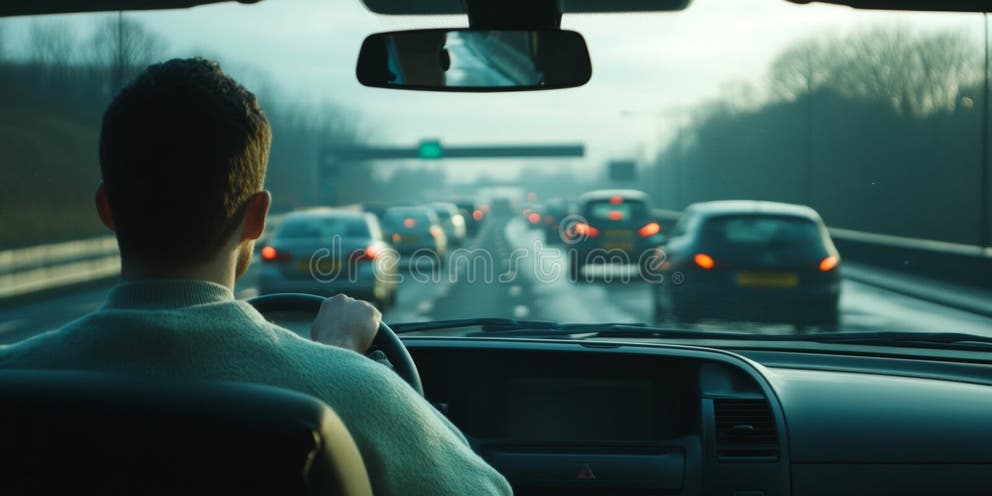 A Person Driving in Heavy Traffic on a Highway. the Scene Captures the ...